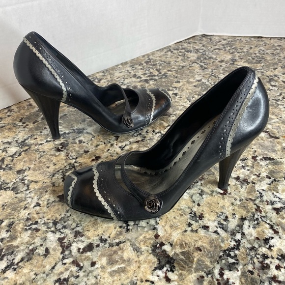 BCBG | Shoes | Bcbg Stilettos Pumps Heels Gray Black Leather Floral ...